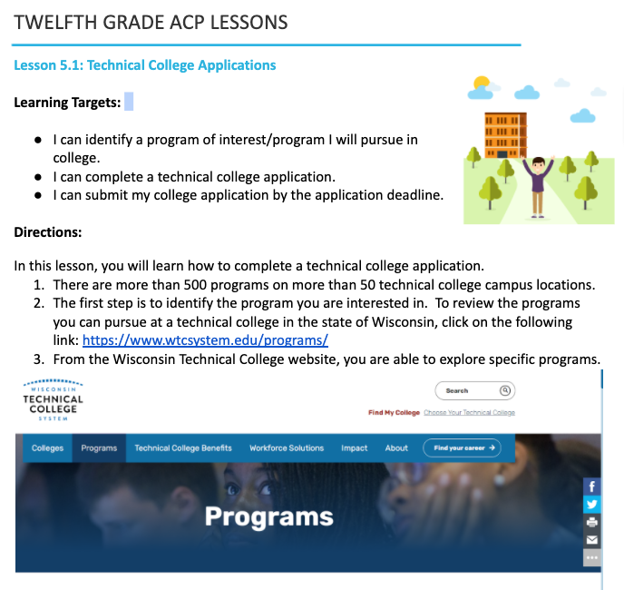 Twelfth Grade ACP Lesson 5.1 - Technical College Applications | WISELearn Resources