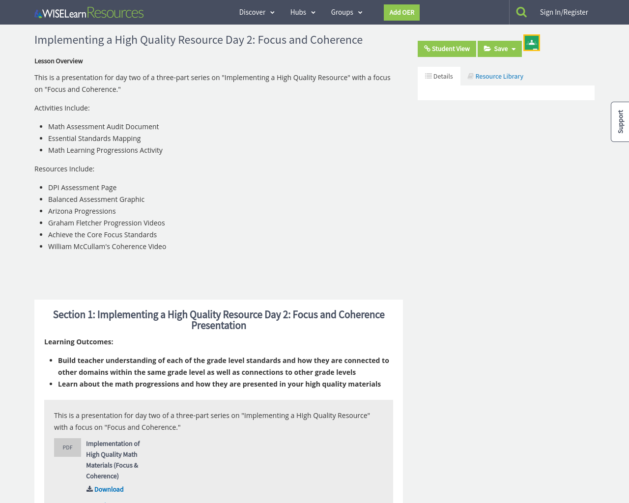Implementing a High Quality Resource Day 2: Focus and Coherence | WISELearn Resources