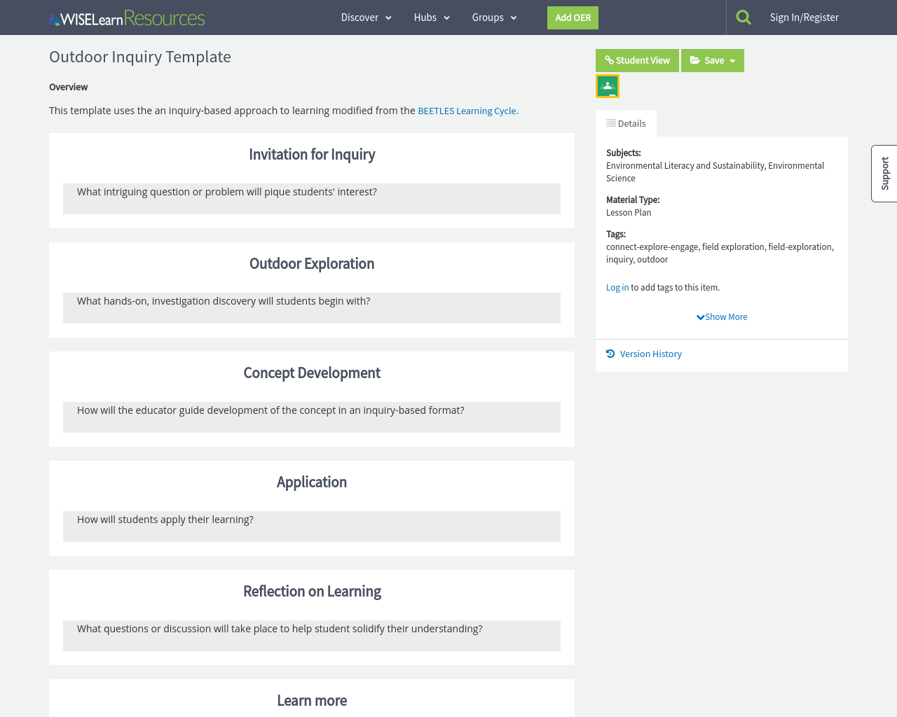 Outdoor Inquiry Template (Open Author 2.0) | WISELearn Resources