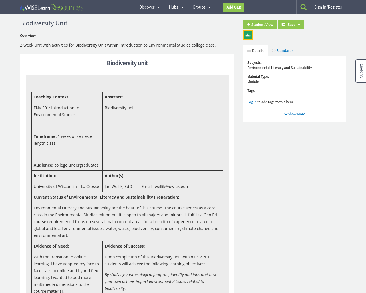 Biodiversity Unit | WISELearn Resources