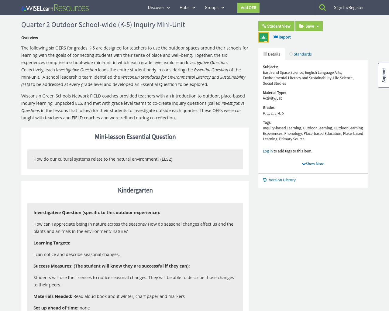 Quarter 2 Outdoor School-wide (K-5) Inquiry Mini-Unit | WISELearn Resources