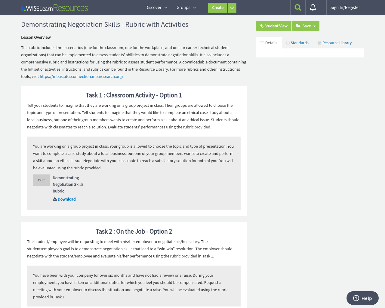 Demonstrating Negotiation Skills - Rubric with Activities | WISELearn Resources
