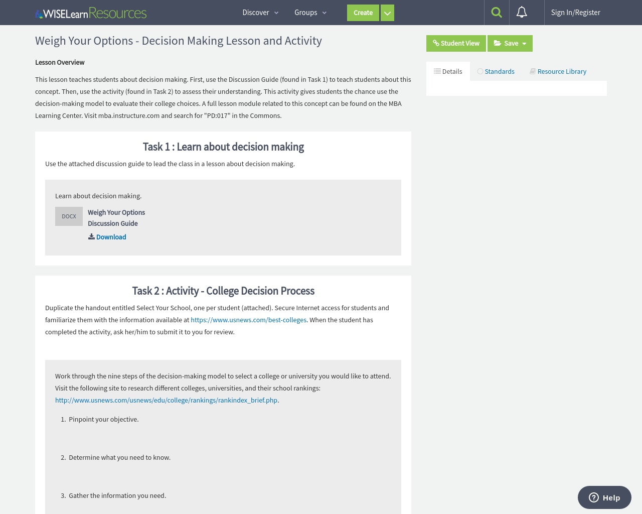 Weigh Your Options - Decision Making Lesson and Activity | WISELearn ...