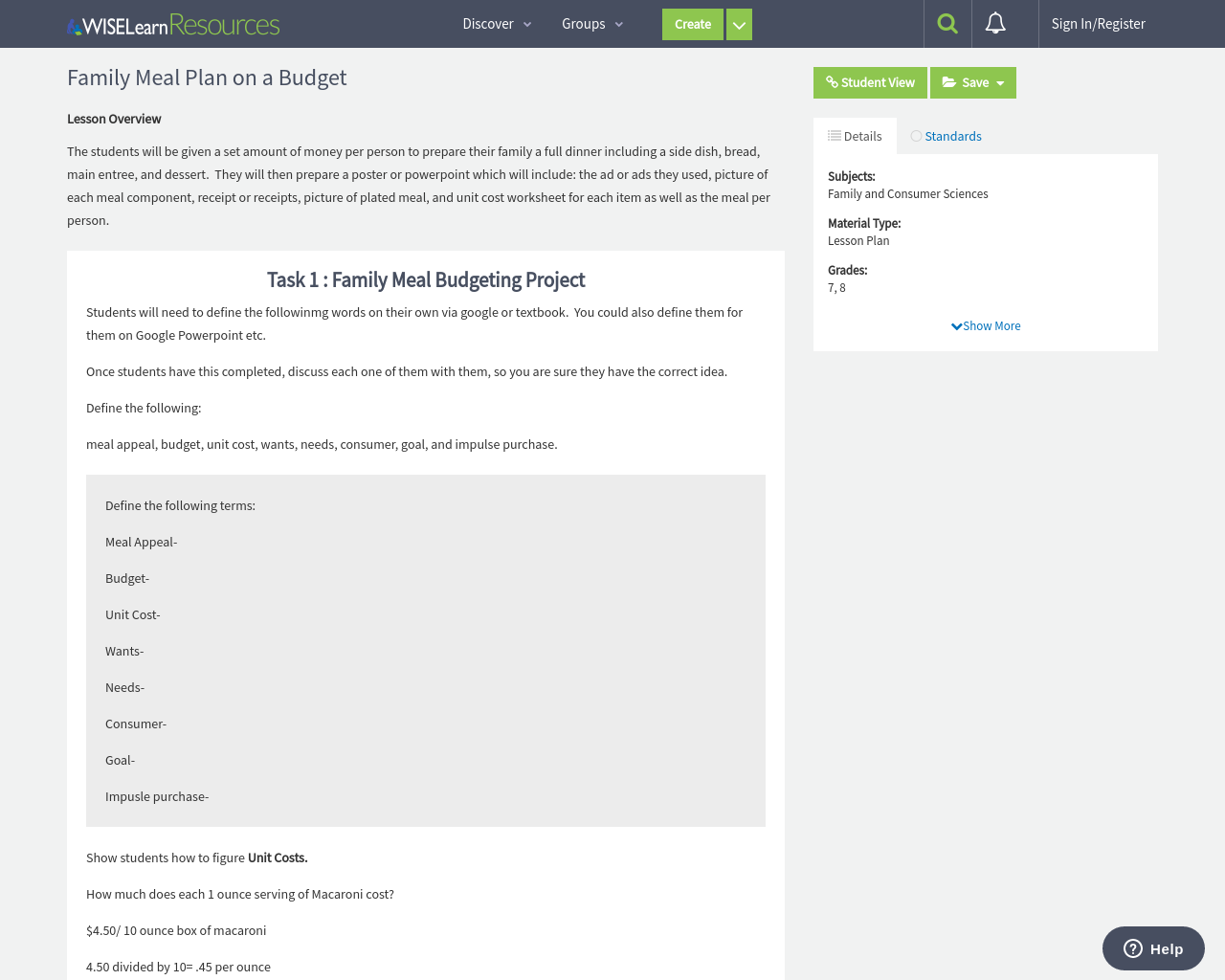 Family Meal Plan on a Budget | WISELearn Resources