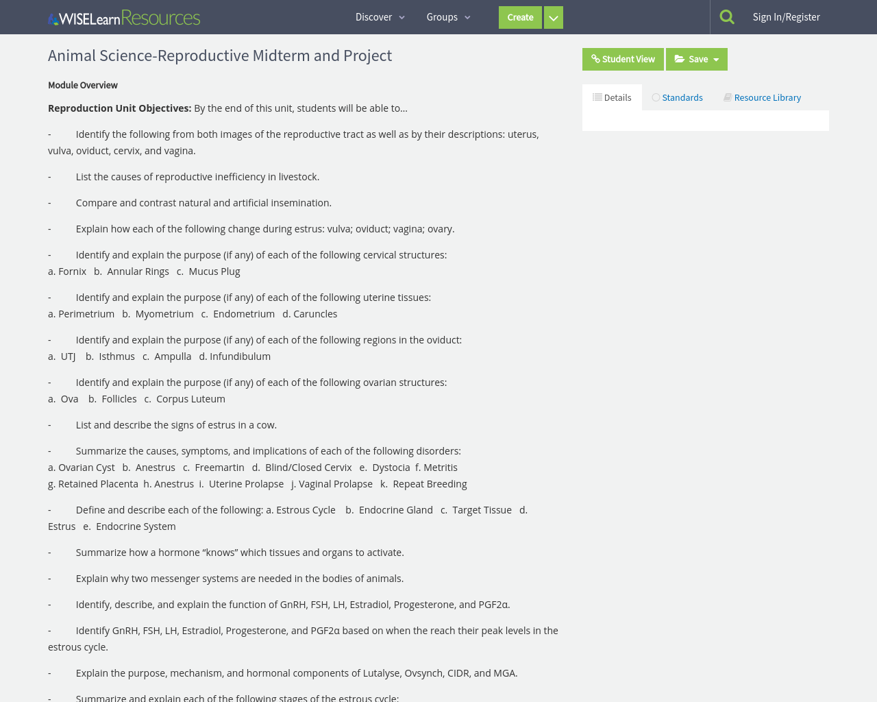 Animal Science-Reproductive Midterm and Project | WISELearn Resources