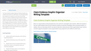 Claim Evidence Graphic Organizer Writing Template | WISELearn Resources