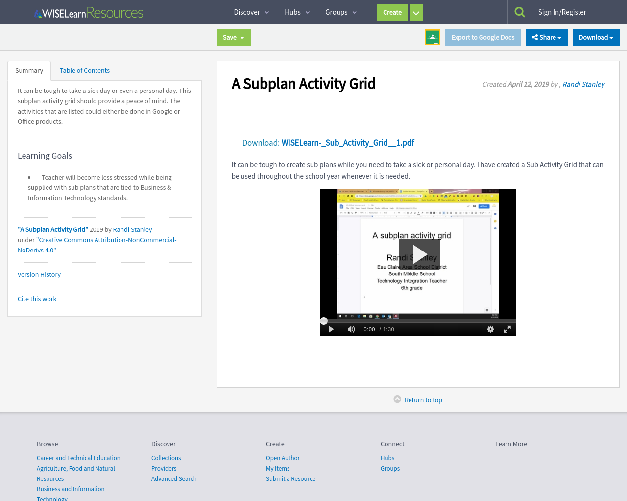 A Subplan Activity Grid | WISELearn Resources