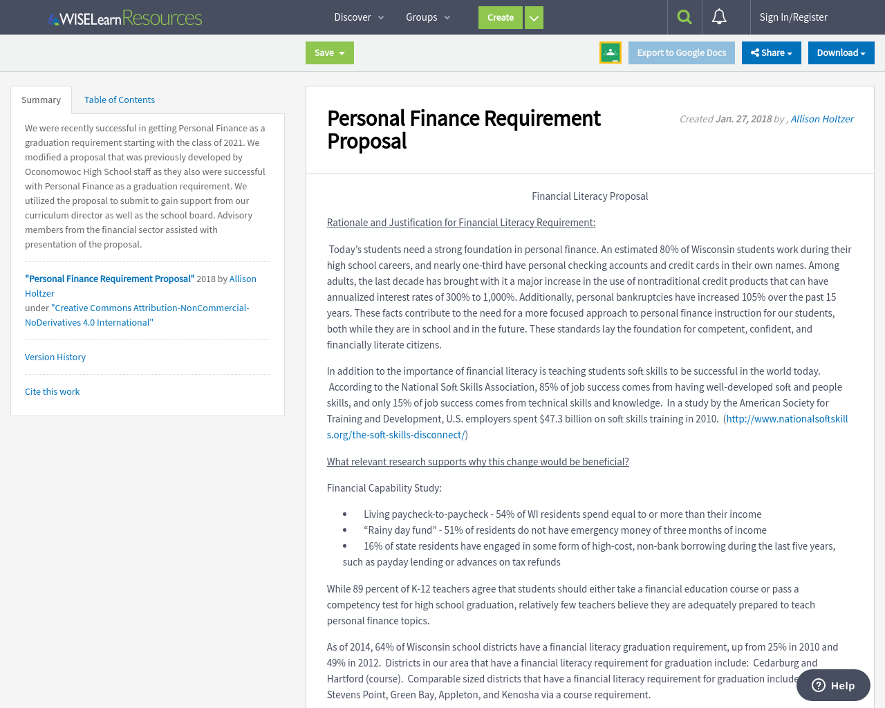 Personal Finance Requirement Proposal | WISELearn Resources