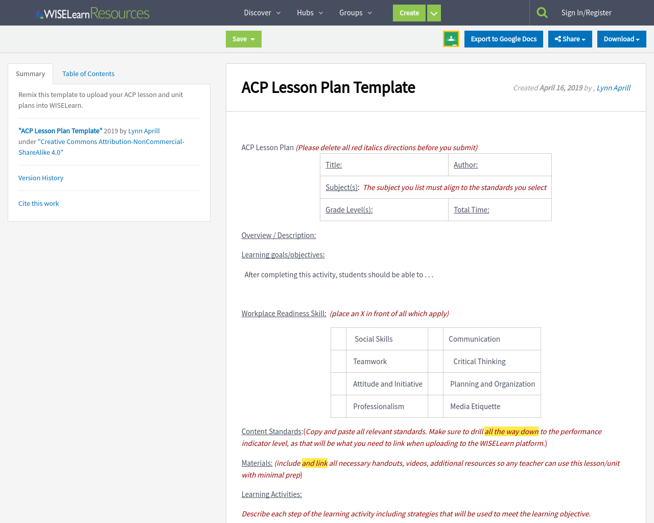 ACP Lesson Plan Template | WISELearn Resources