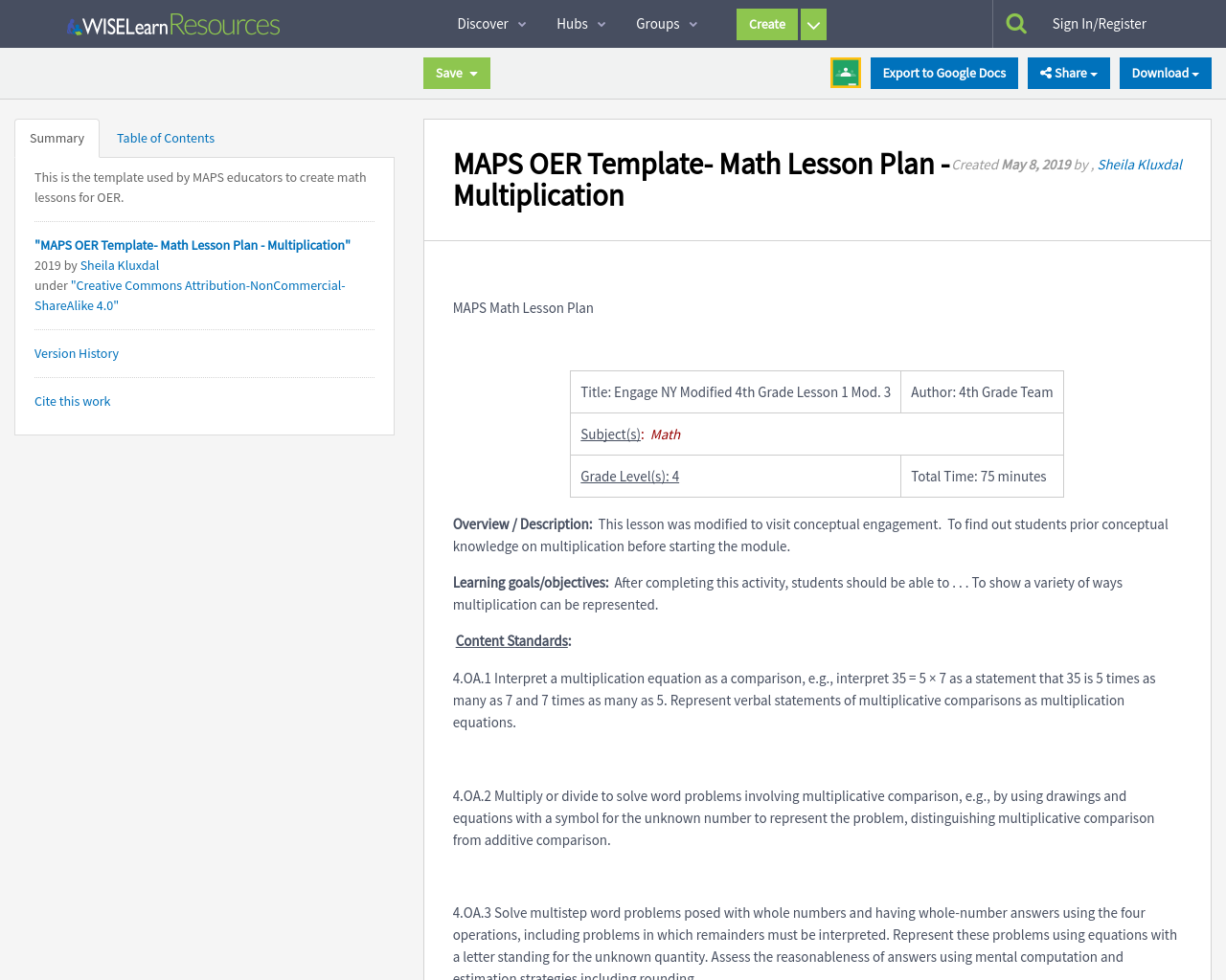MAPS OER Template Math Lesson Plan Multiplication WISELearn Resources
