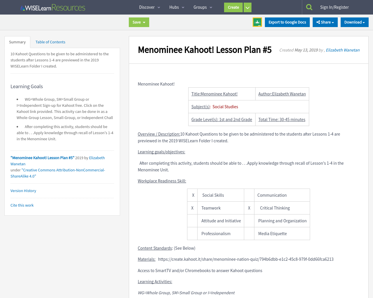 Menominee Kahoot! Lesson Plan #5 | WISELearn Resources