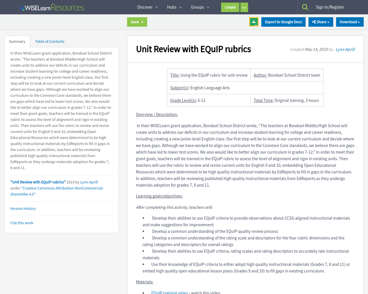 Unit Review with EQuIP rubrics | WISELearn Resources
