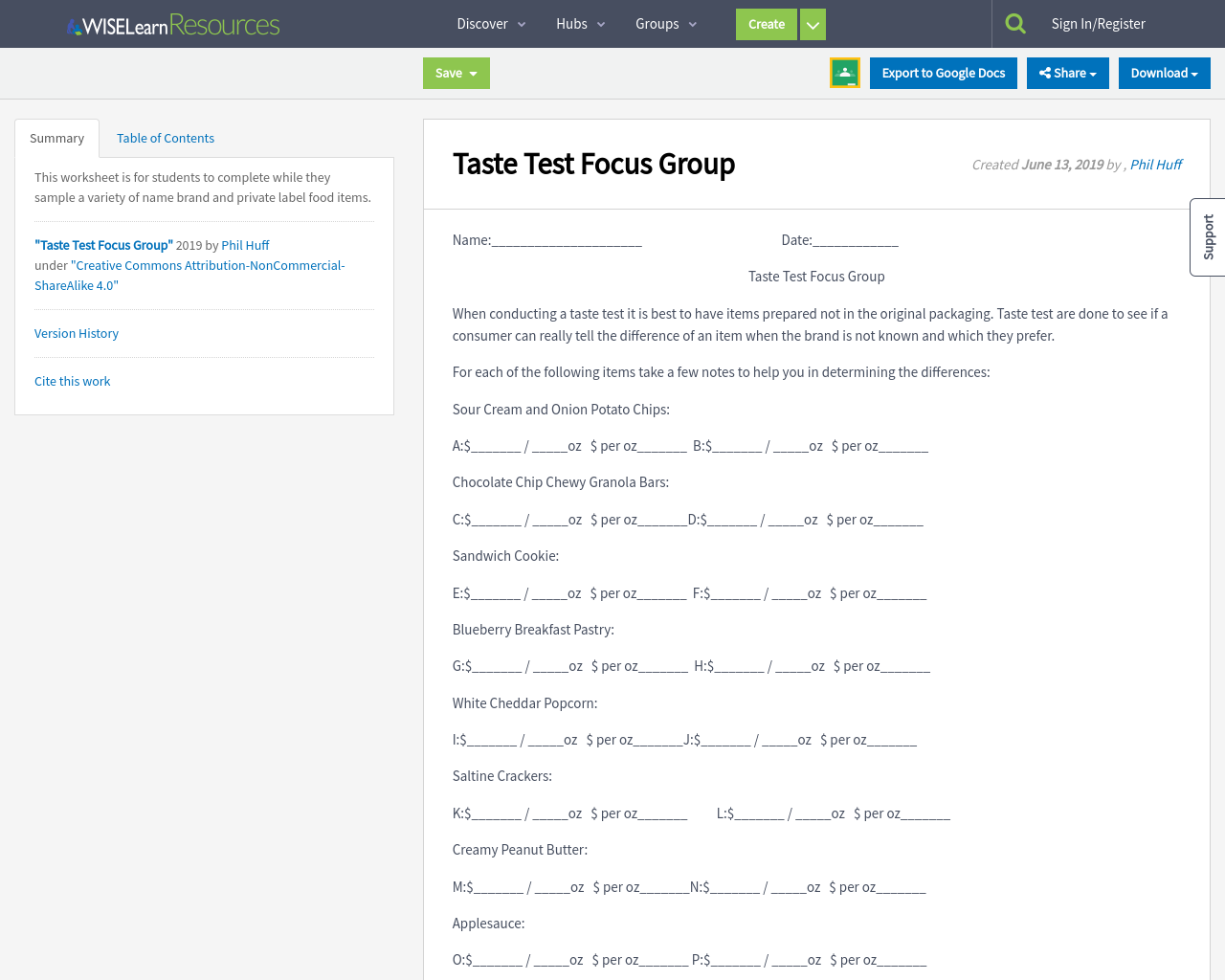 Taste Test Focus Group | WISELearn Resources