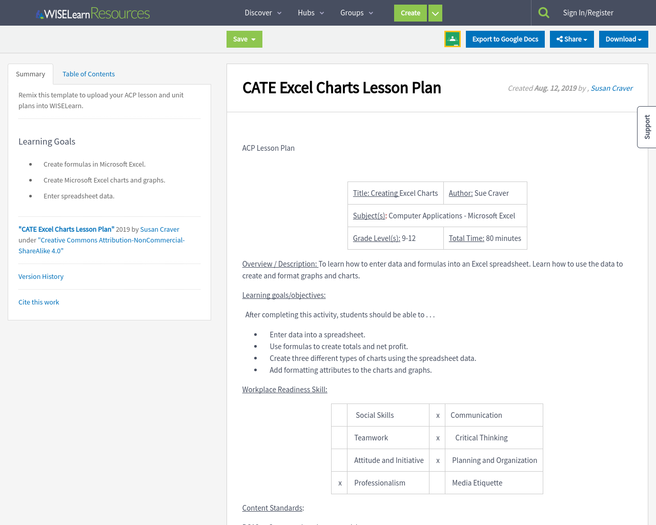 CATE Excel Charts Lesson Plan | WISELearn Resources
