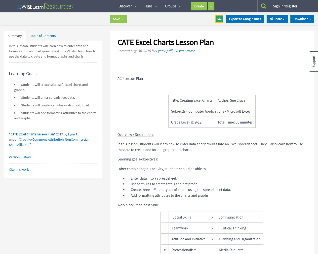 CATE Excel Charts Lesson Plan | WISELearn Resources