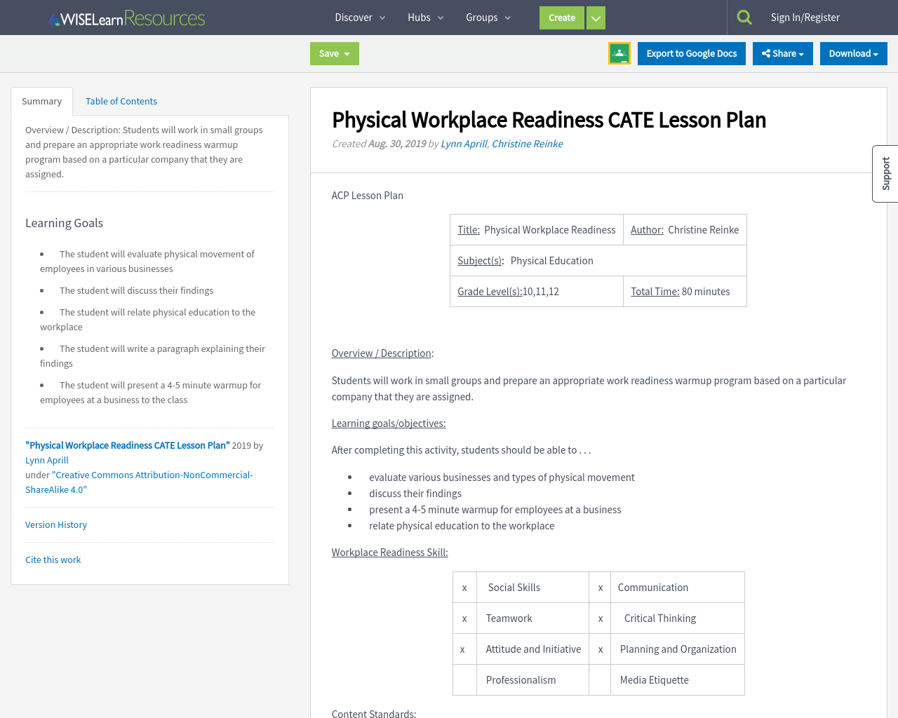 Physical Workplace Readiness CATE Lesson Plan | WISELearn Resources