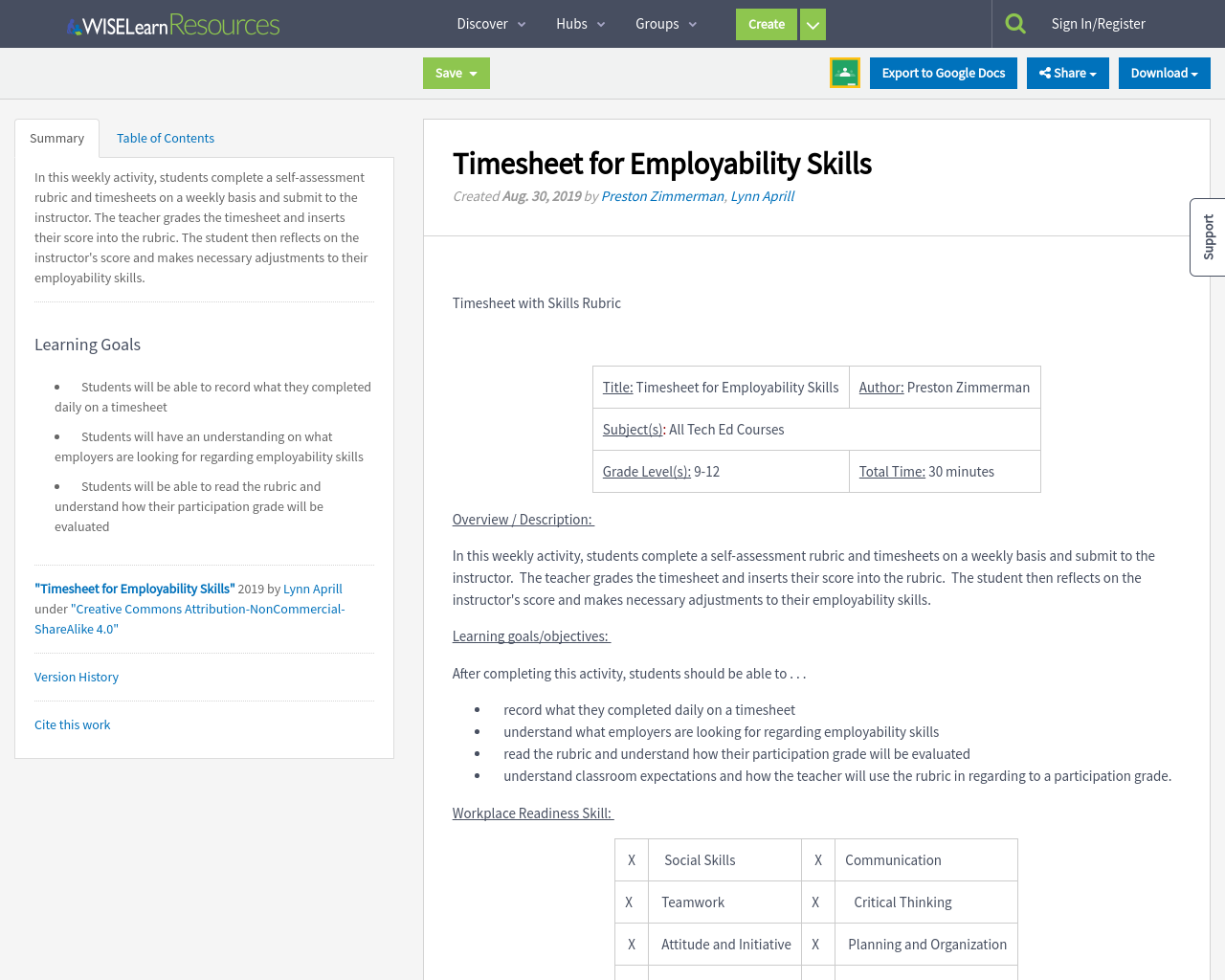 Timesheet for Employability Skills | WISELearn Resources