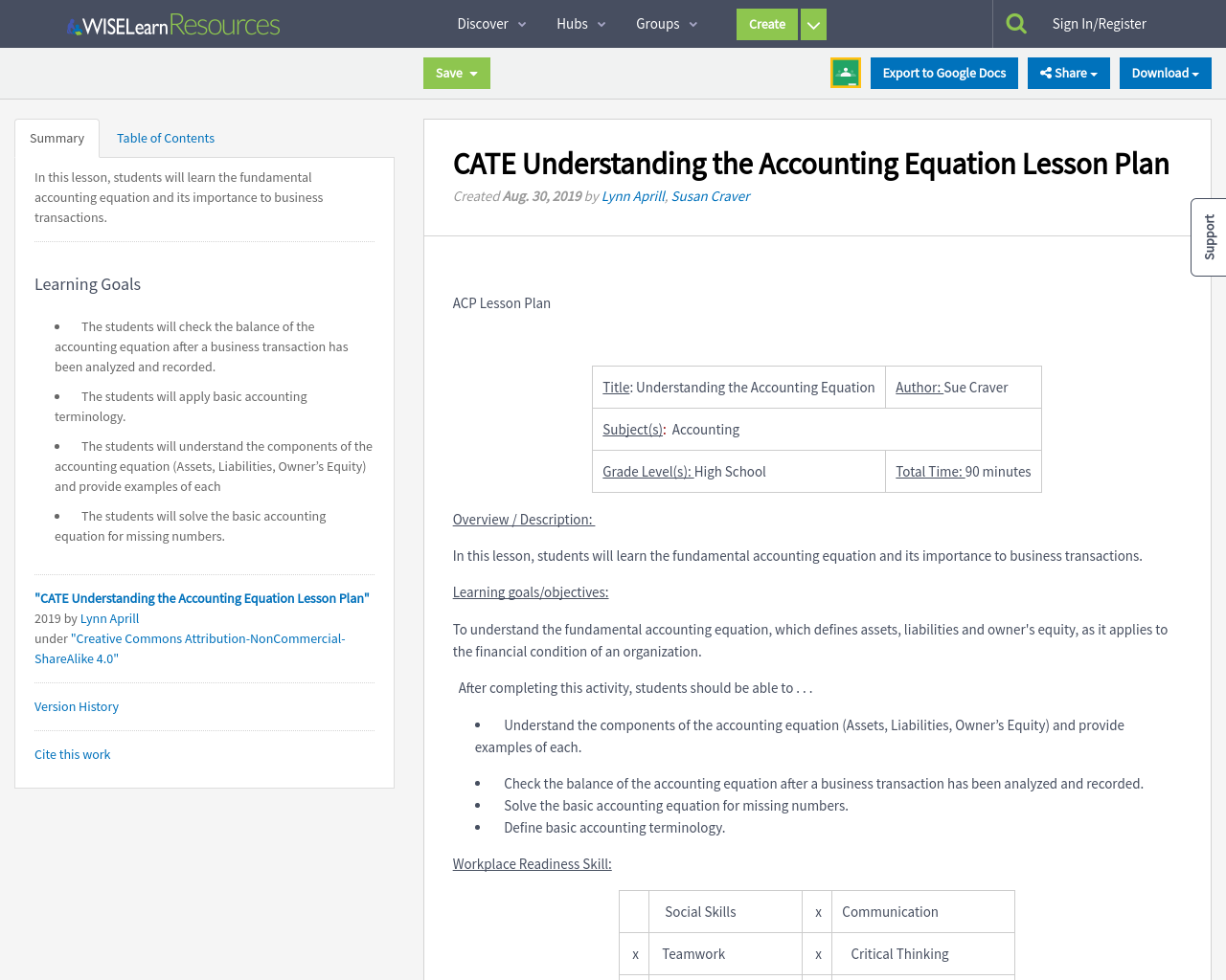 CATE Understanding the Accounting Equation Lesson Plan | WISELearn ...