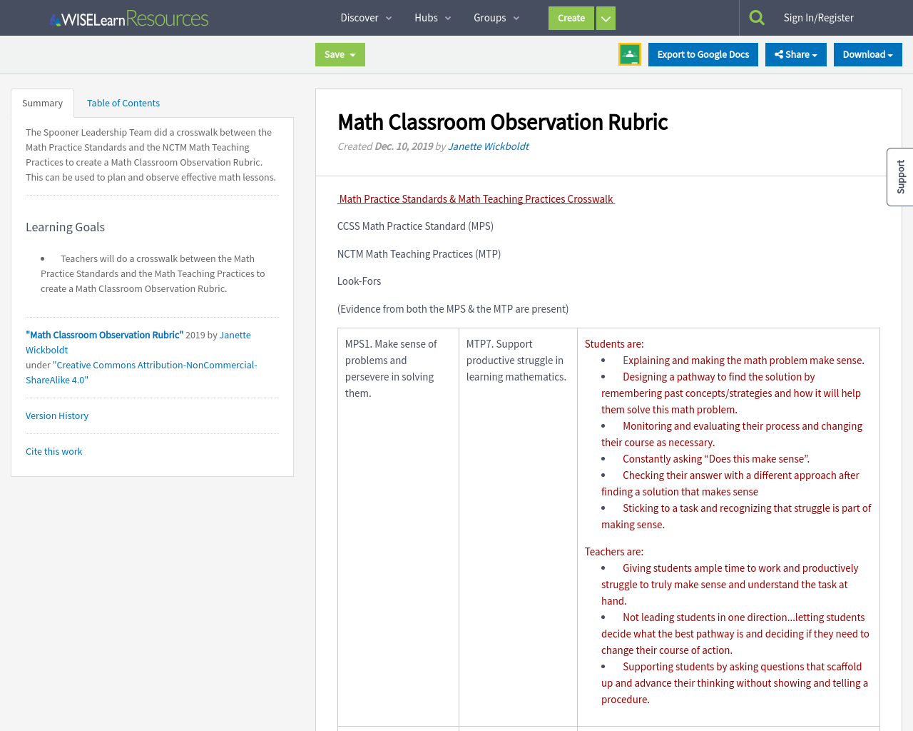 Math Classroom Observation Rubric | WISELearn Resources