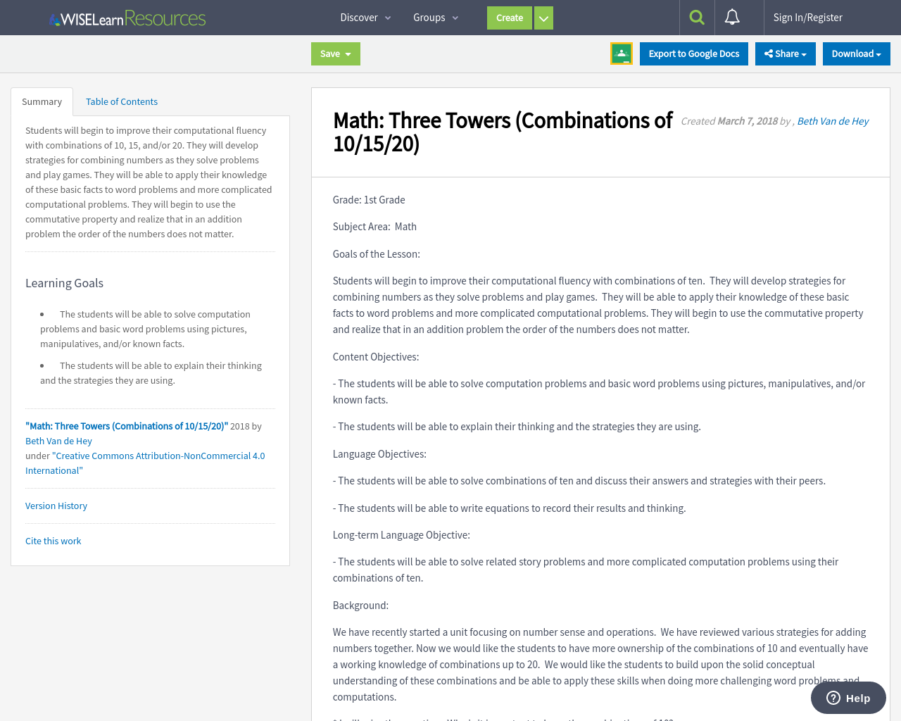 Math: Three Towers (Combinations of 10/15/20) | WISELearn Resources