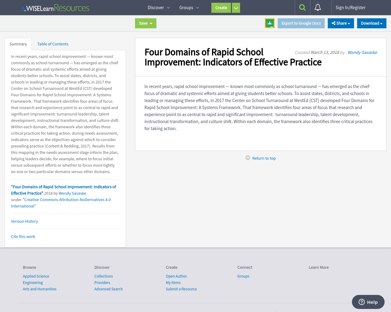 Four Domains of Rapid School Improvement: Indicators of Effective Practice | WISELearn Resources
