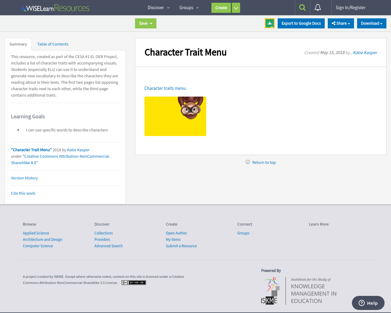 Character Traits Visual Menu | WISELearn Resources
