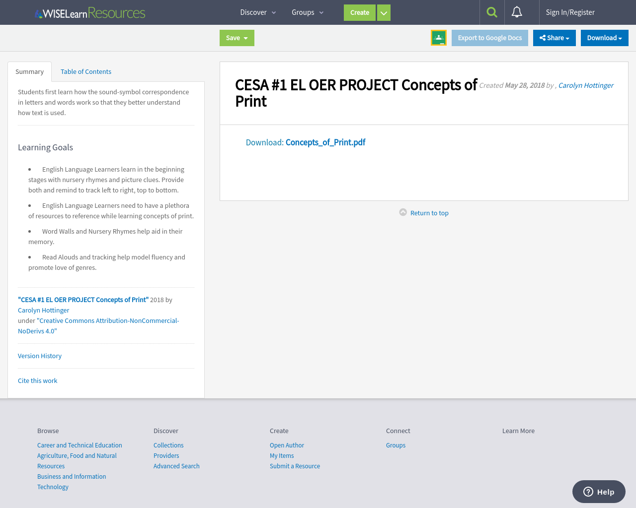 CESA #1 EL OER PROJECT Concepts of Print | WISELearn Resources