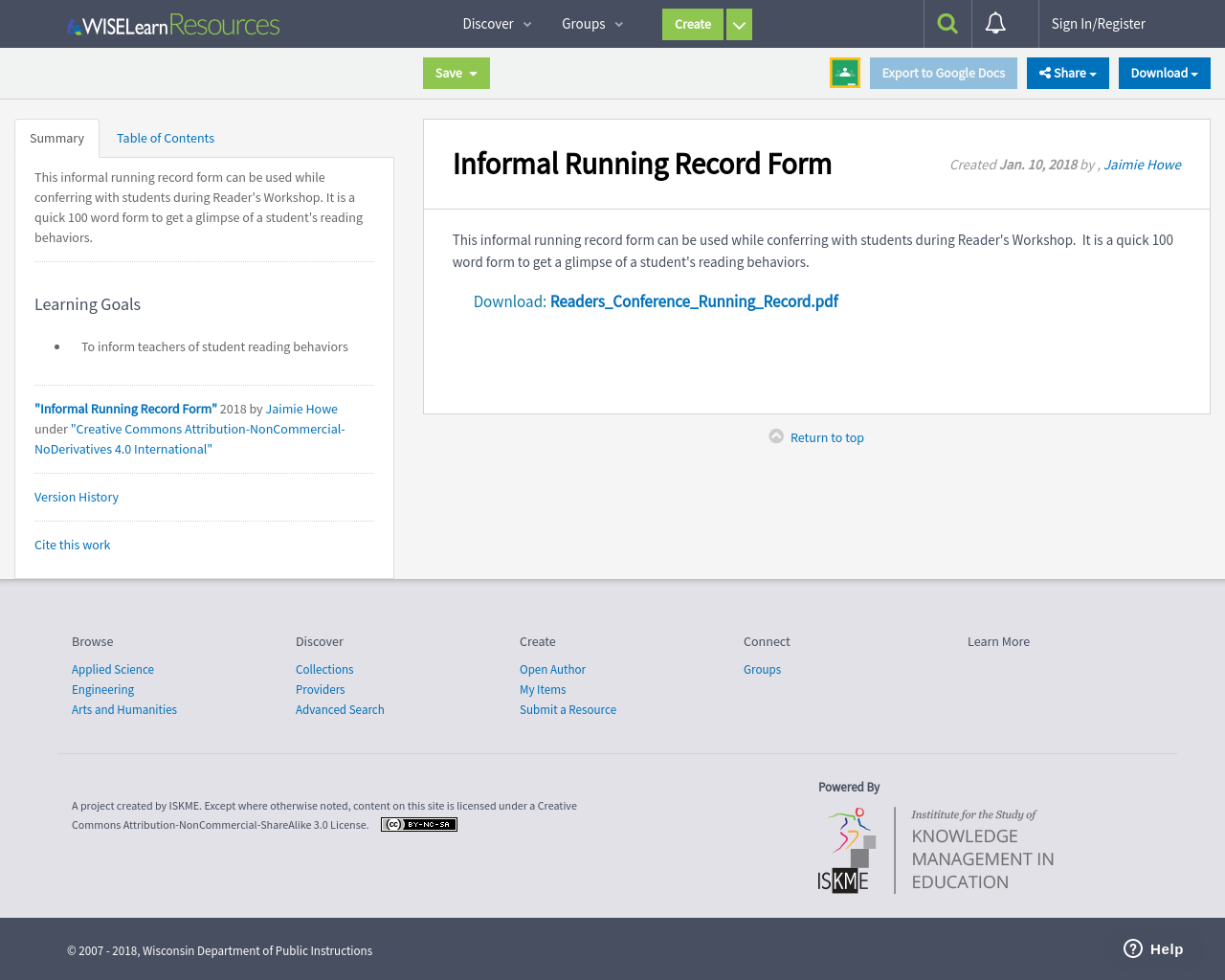 Informal Running Record Form | WISELearn Resources